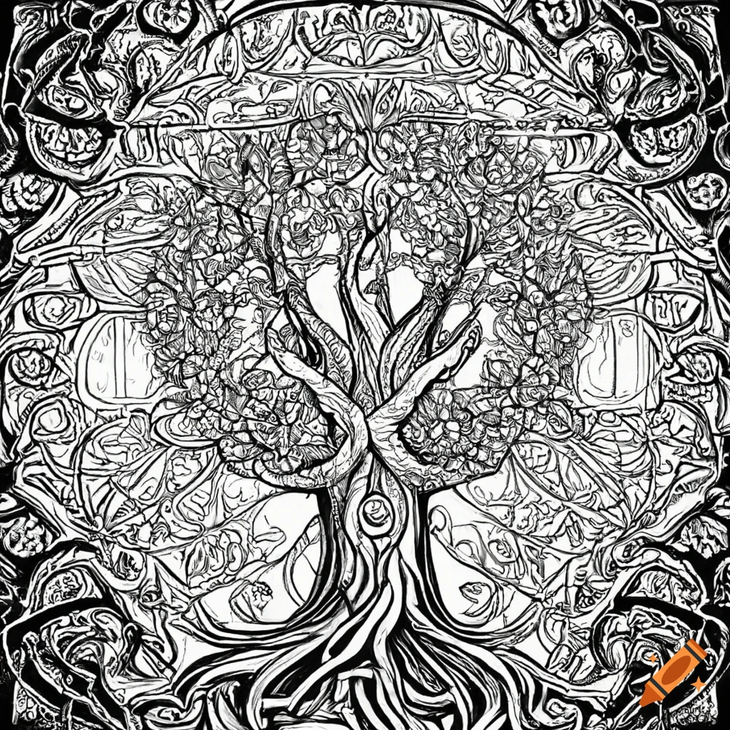 Detailed coloring page of the mythical tree Yggdrasil on Craiyon