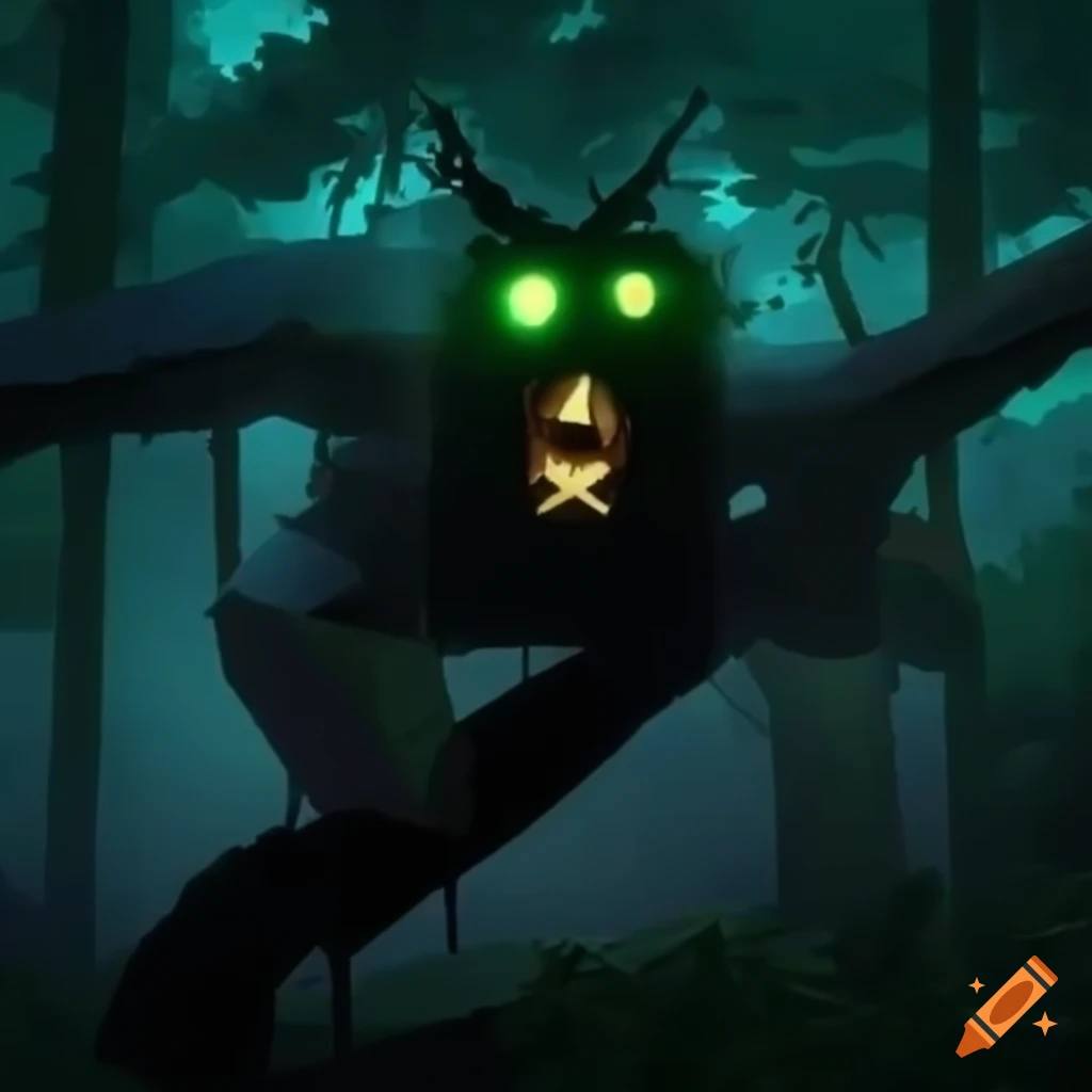 Roblox game thumbnail creature jumping out of a dark forest on Craiyon