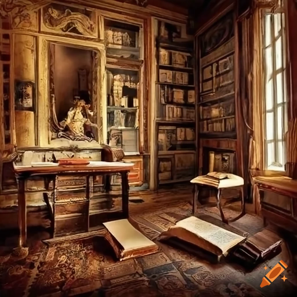Imaginative ancient study room filled with books, scrolls, and ...