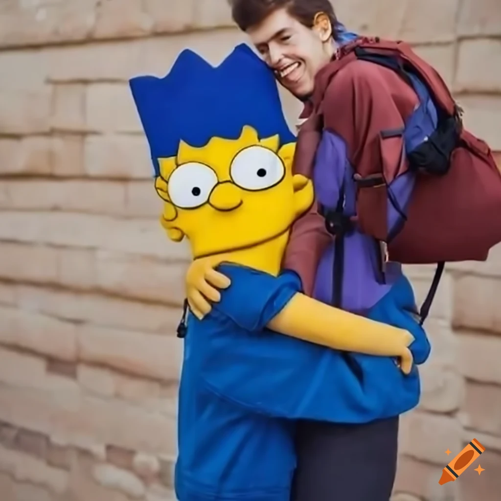 Lisa Simpson hugging a friendly young man with a backpack on Craiyon
