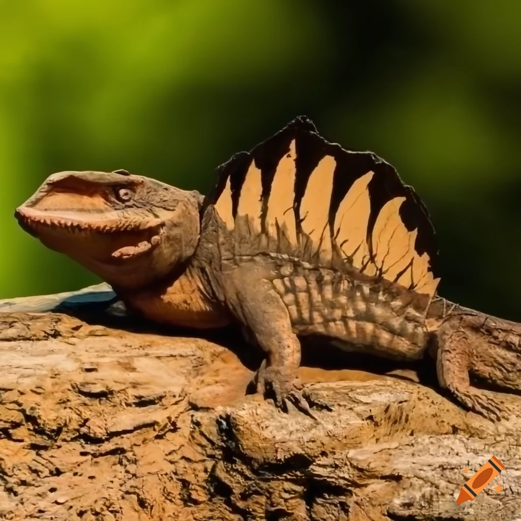Dimetrodon basking in the morning sun on a rocky outcrop on Craiyon