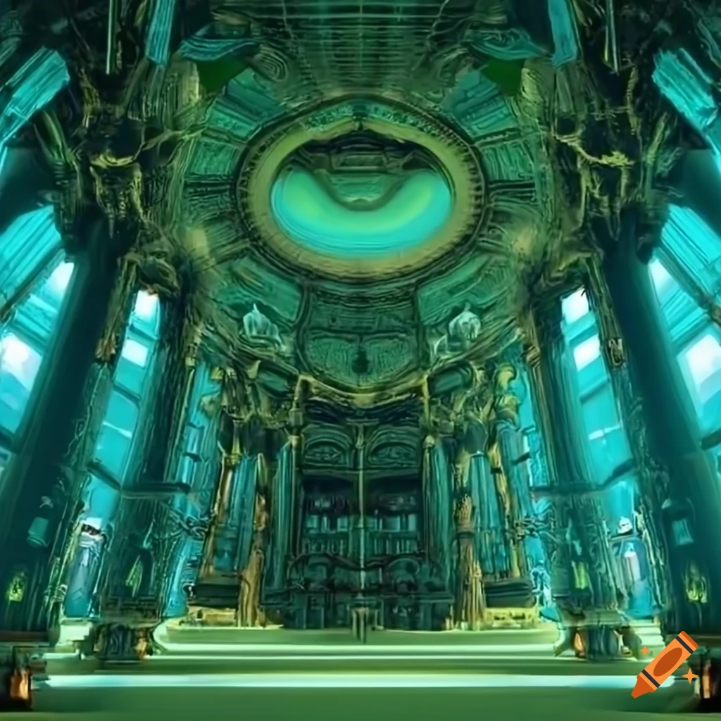 8k perspective of cybernetic alien exotic architecture in green and ...