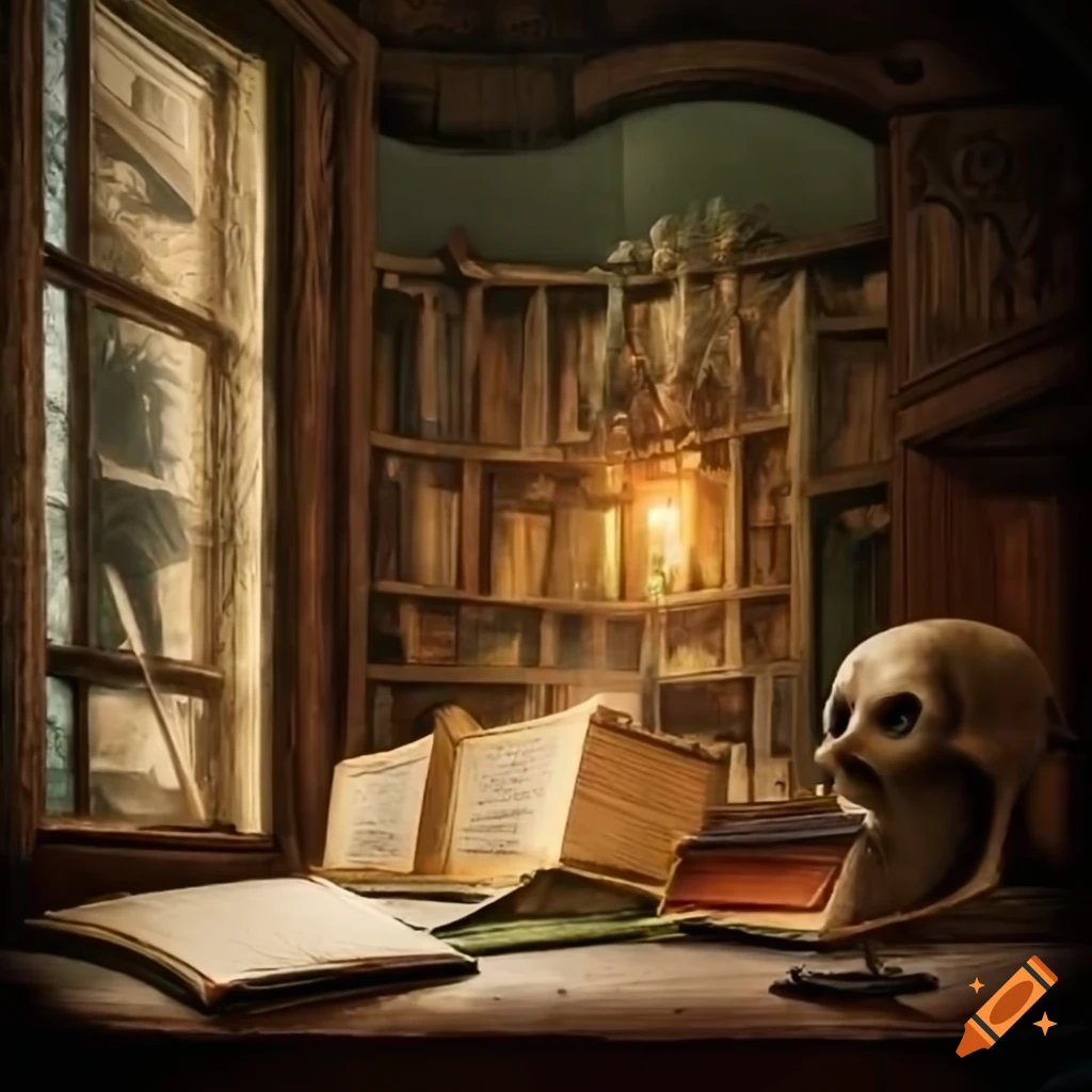 View from a wizard's study window with creepy books and trees on Craiyon