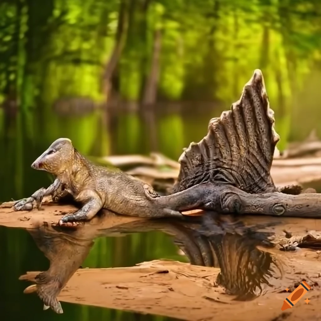 Two dimetrodon basking in the sun on a muddy pond bank with fallen ...