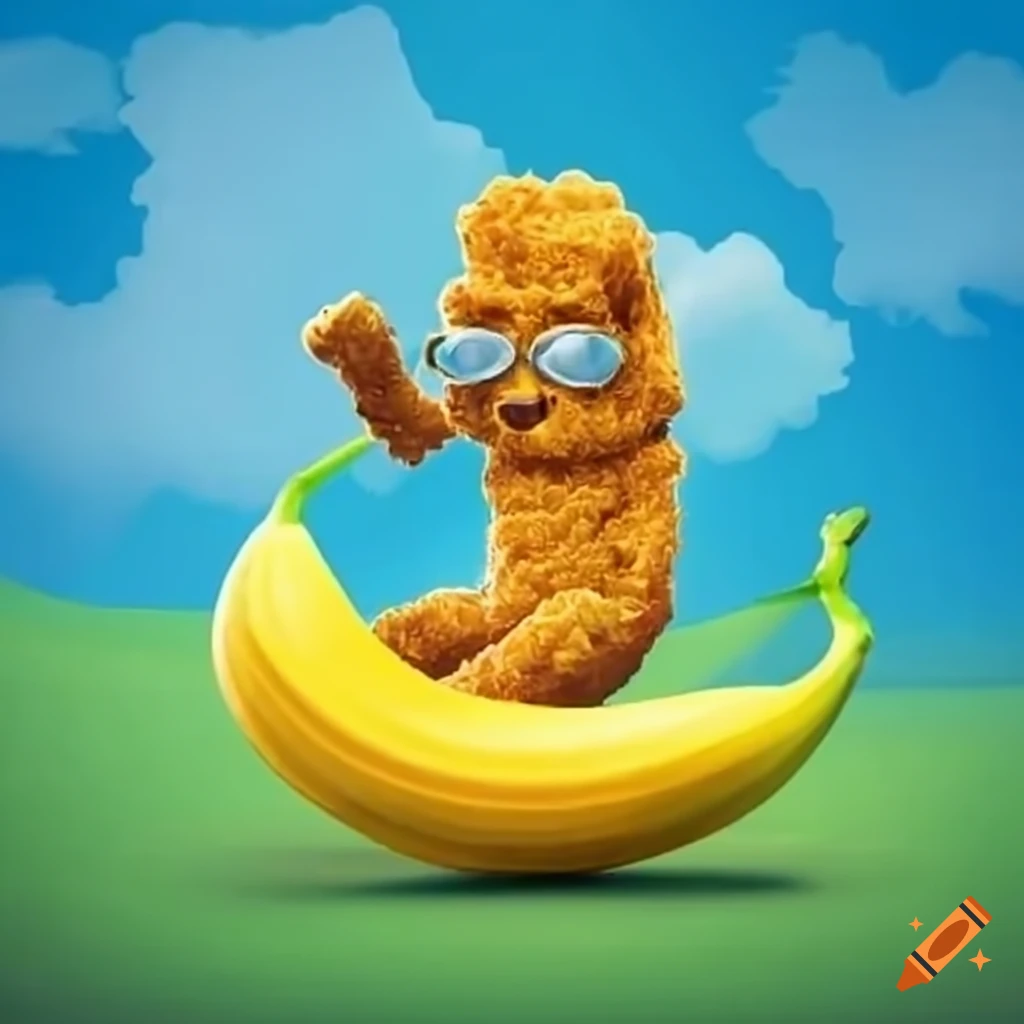 Chicken nugget riding a banana in a surreal environment on Craiyon