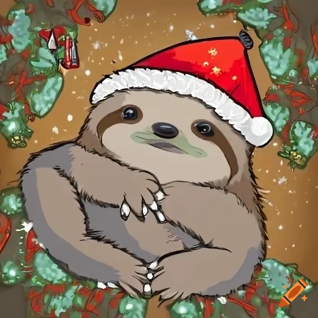 Relaxing sloth in a Christmas tree with New Year hat in Anime style on ...