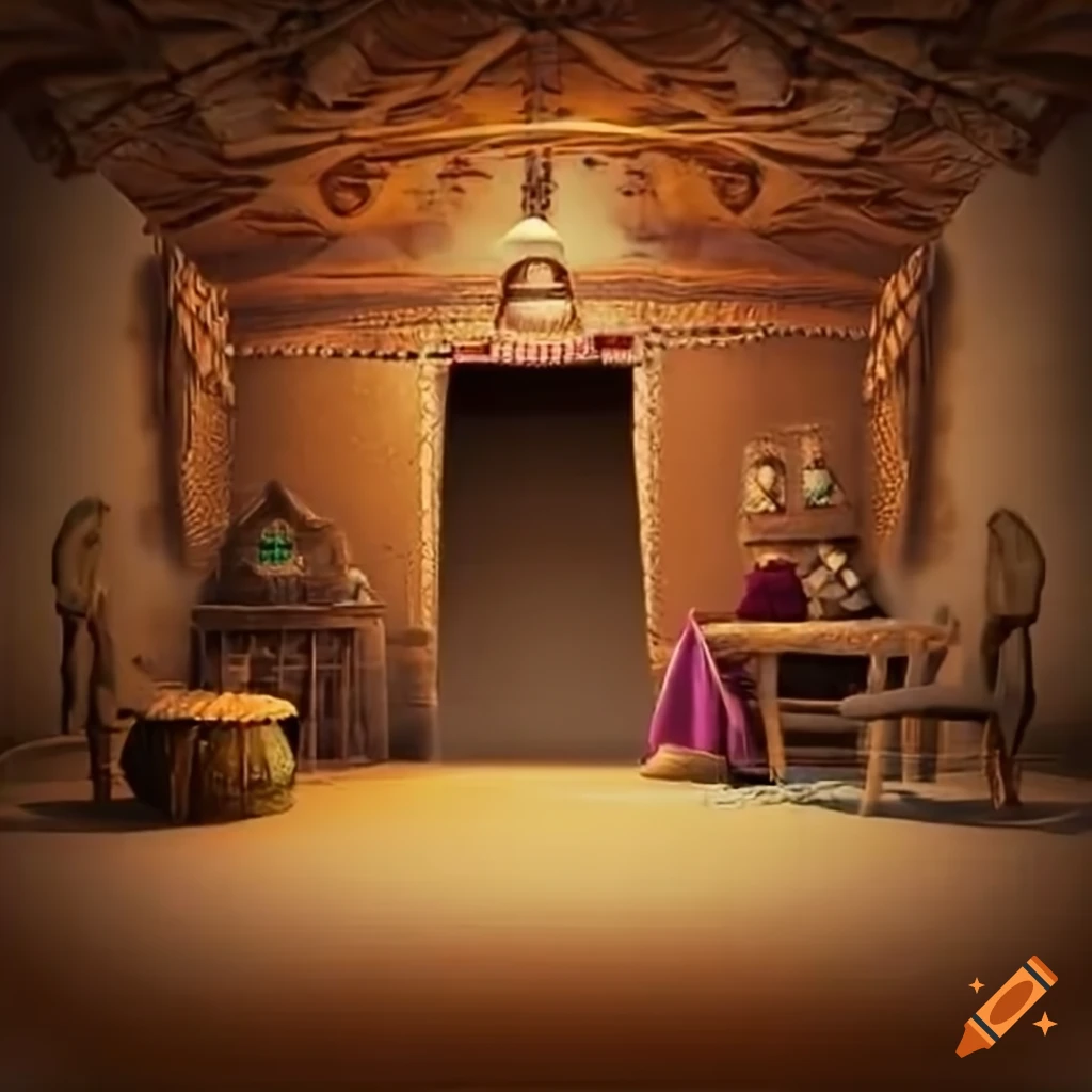 Interior of a traditional pakistani poor village house for stage drama ...