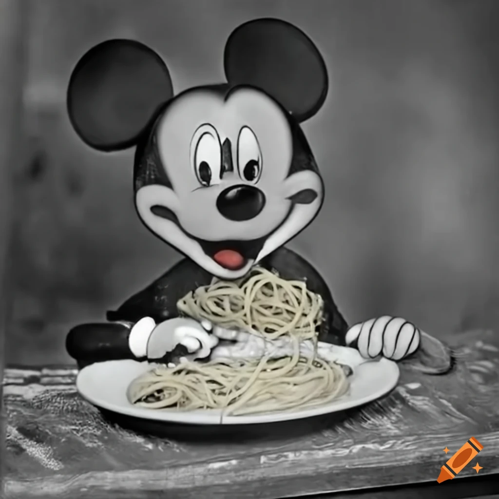 1928 mickey mouse enjoying spaghetti bolognese on Craiyon
