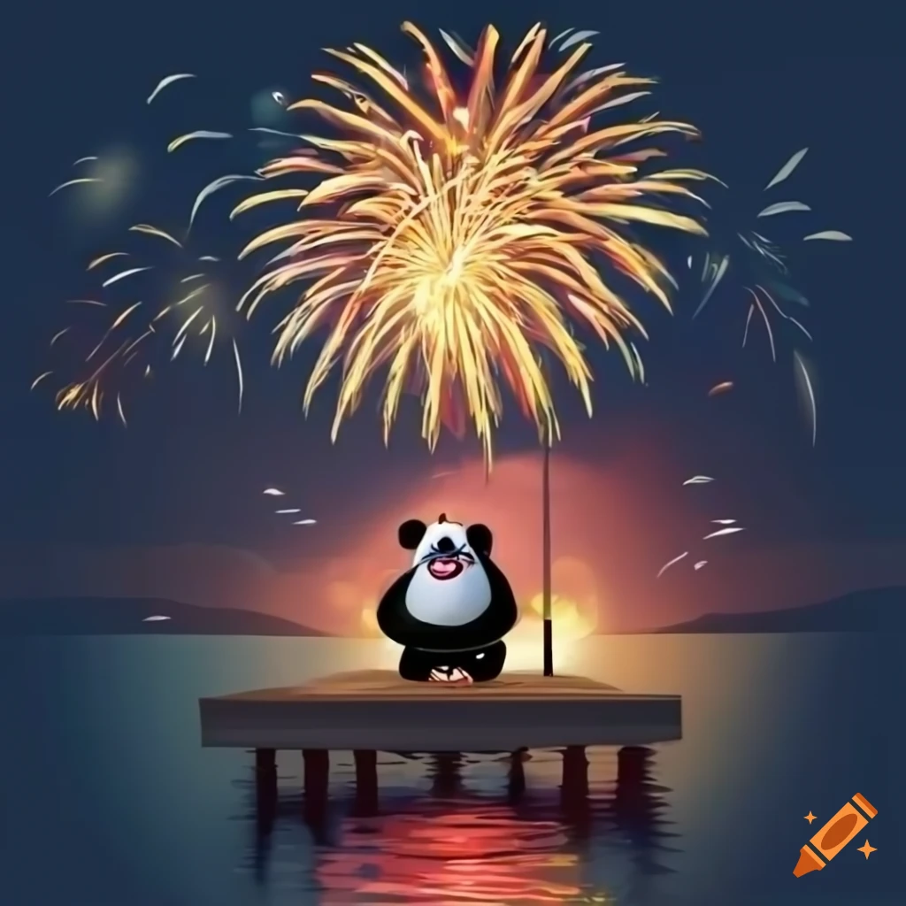 Cartoon panda on a dock overlooking a lake with fireworks on Craiyon