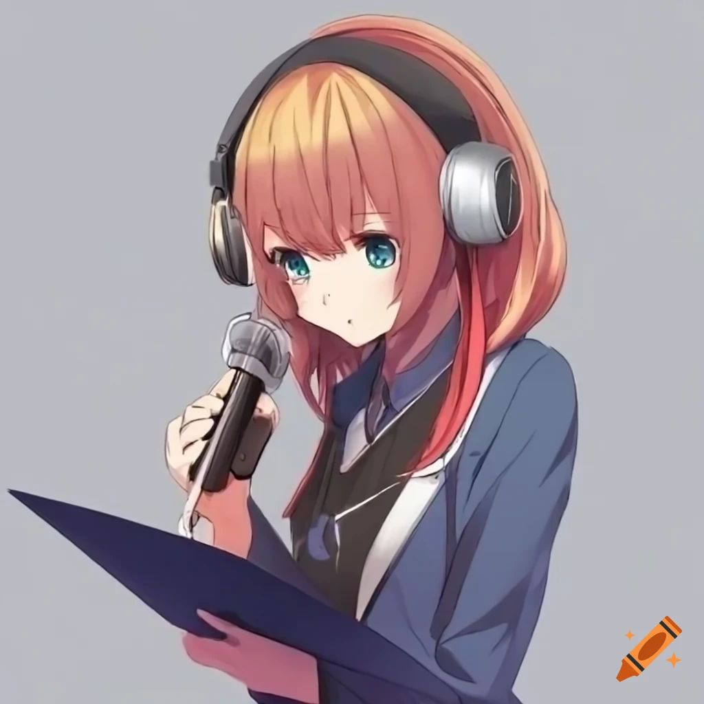 Anime reporter girl with headphones holding a microphone and papers on ...
