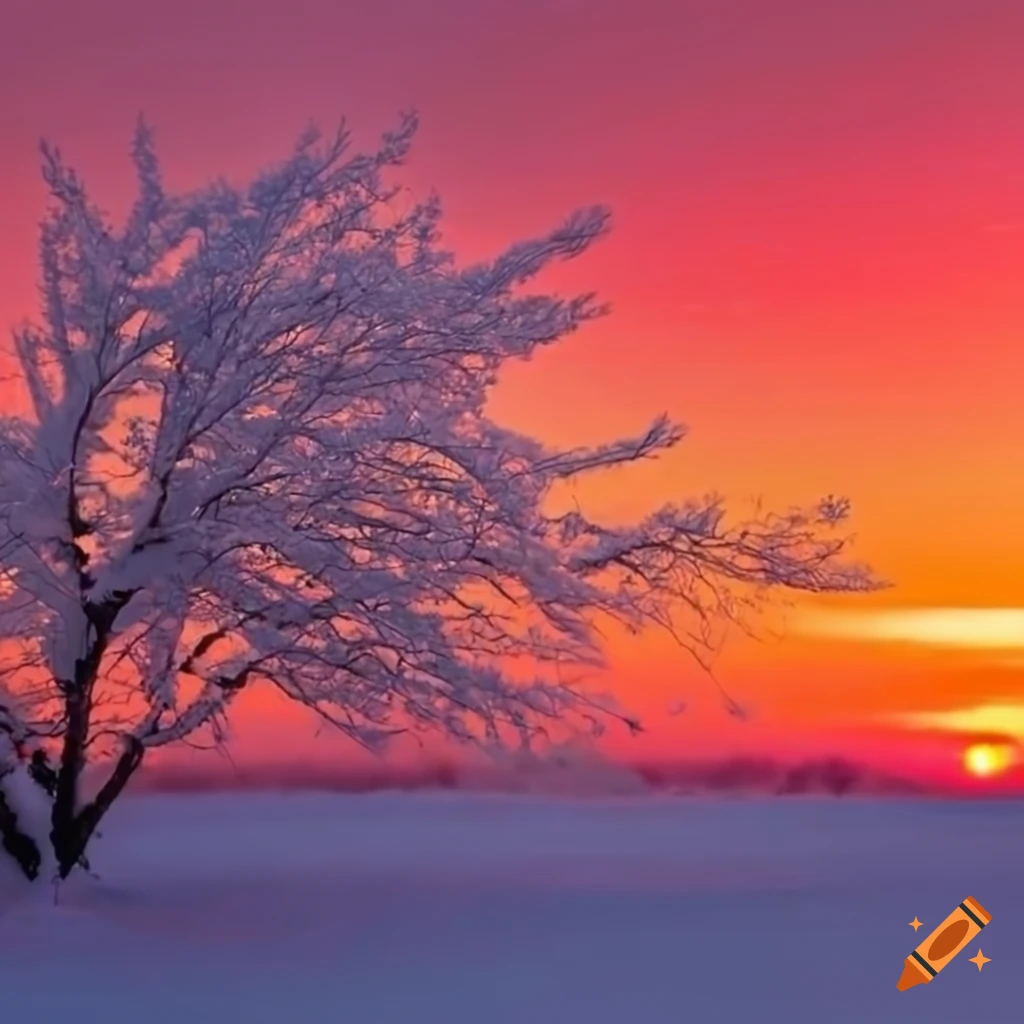 Cherry tree blossoming under red sunset with snow-covered landscape on ...