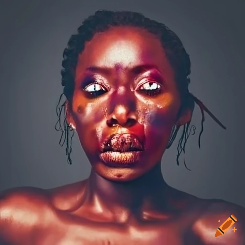 Black female fighter with bruised lip and dizzy expression on Craiyon