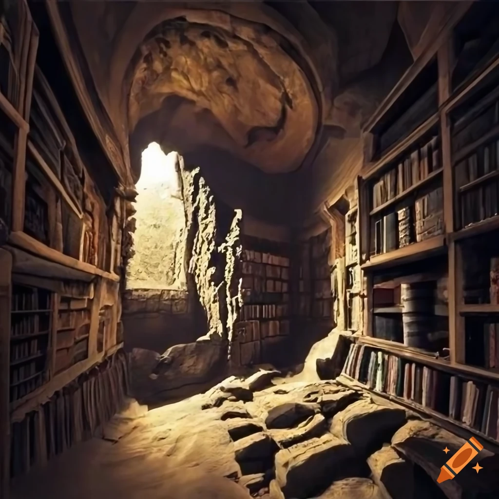 Ancient multilevel library bookshelves in a massive cave cavern on Craiyon