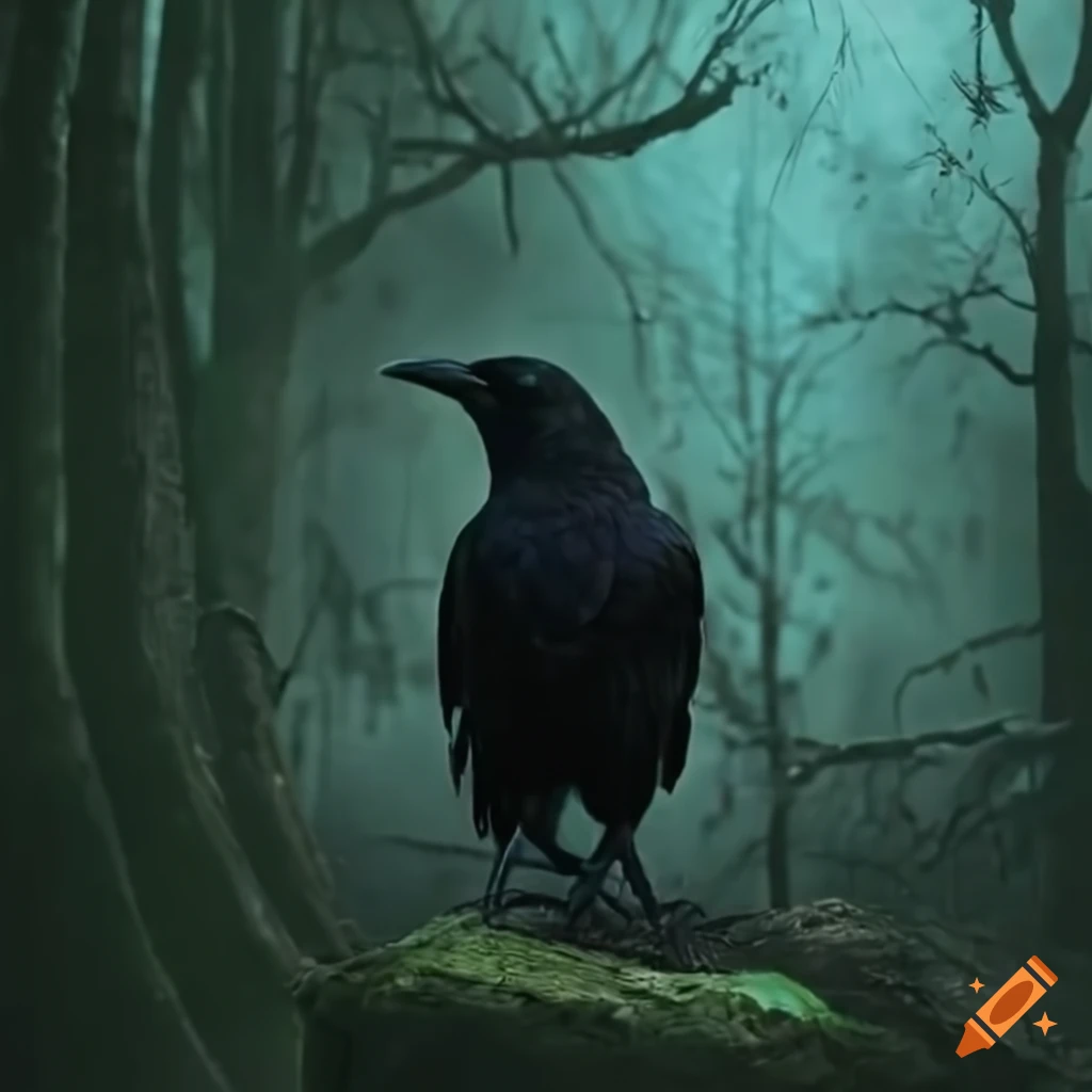 Black crow in dark woods with woman facing away on Craiyon