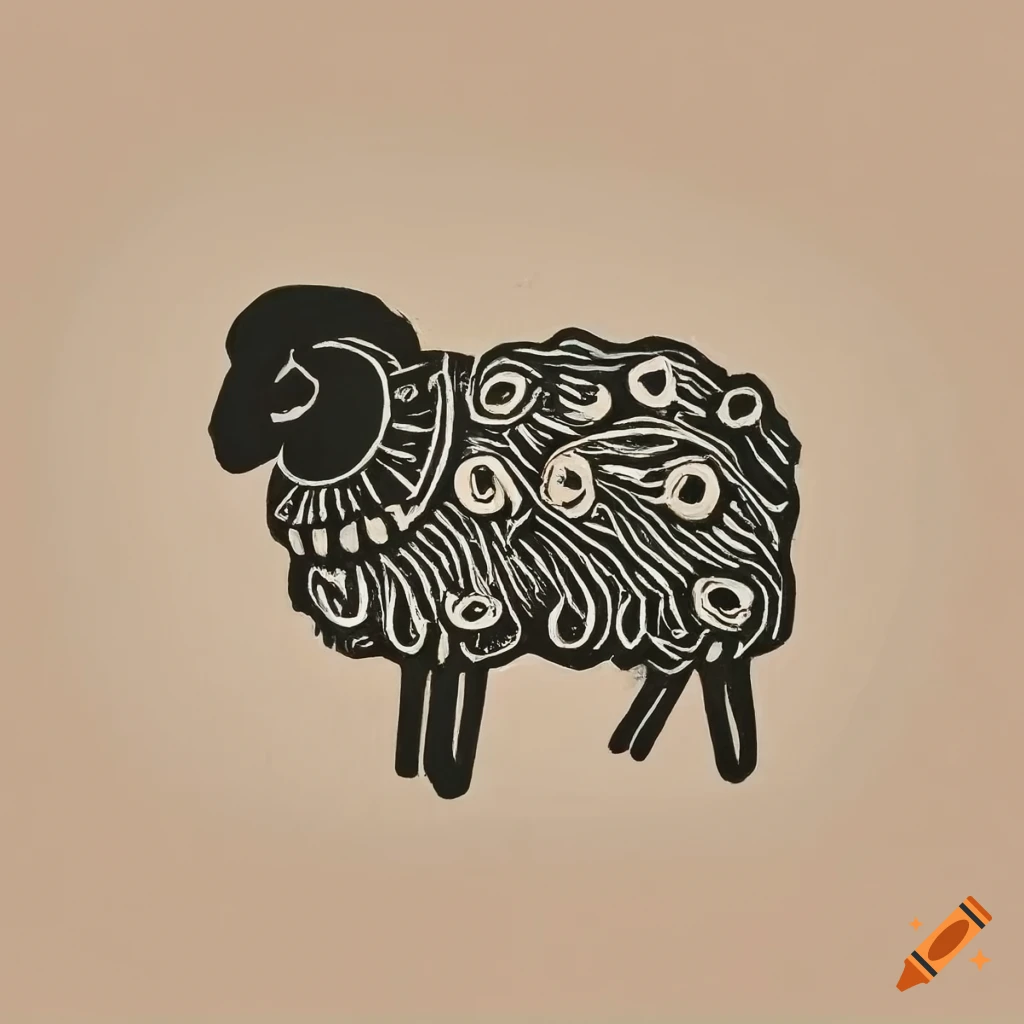 Folk art style linocut image of a sheep on Craiyon