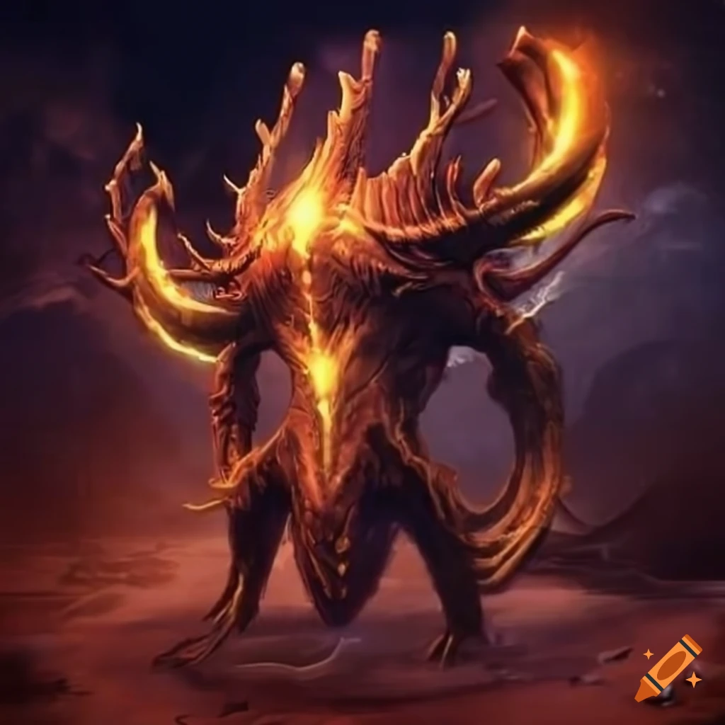 Depiction of primordial creatures and ancient gods with cosmic power on ...