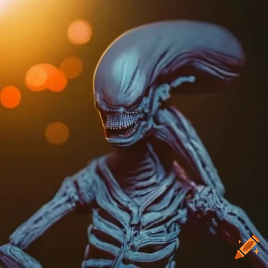 Clay toy alien xenomorph in front of a computer on Craiyon