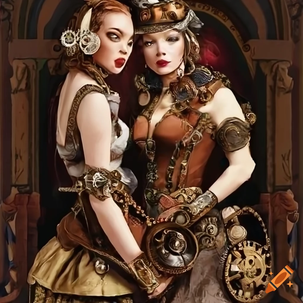 Three stylish sisters in steampunk attire on Craiyon