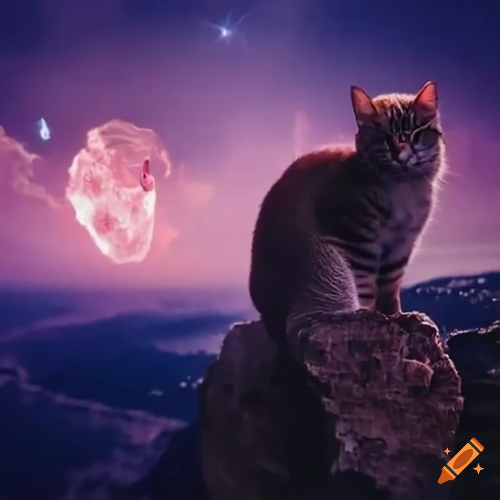 Cat on cliff overlooking city explosion with glitter bomb on Craiyon