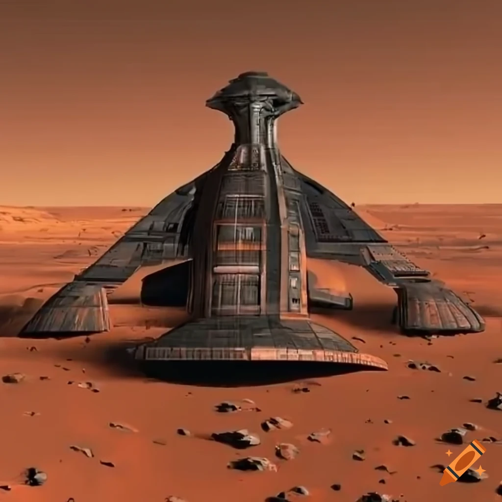 Abandoned 8k sharp alien starship in the martian plains on Craiyon