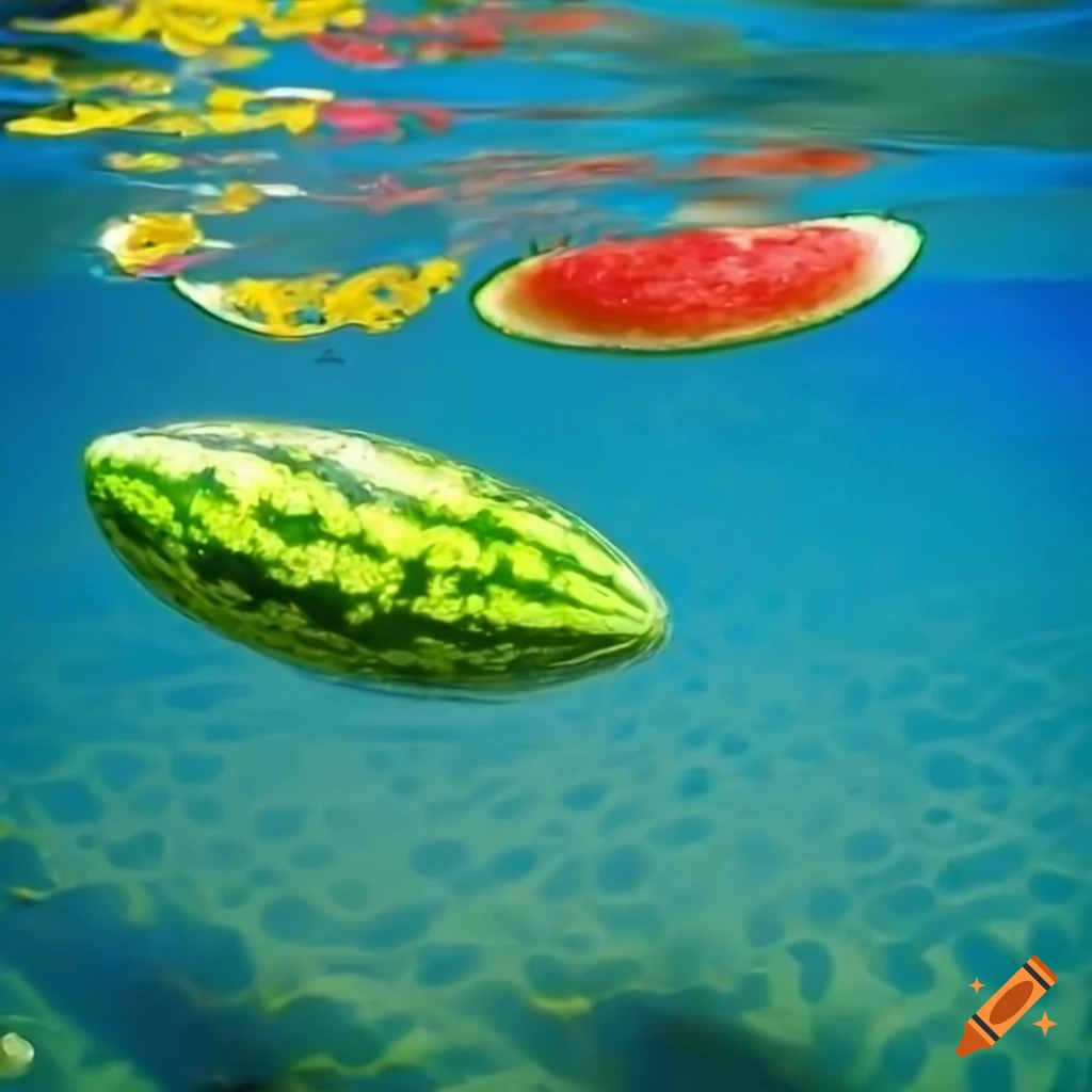 Green watermelons floating in blue water with colorful flowers on Craiyon