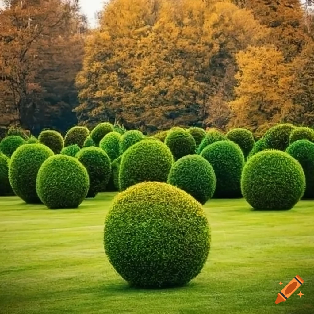 Row of mixed topiary balls during golden hour on Craiyon