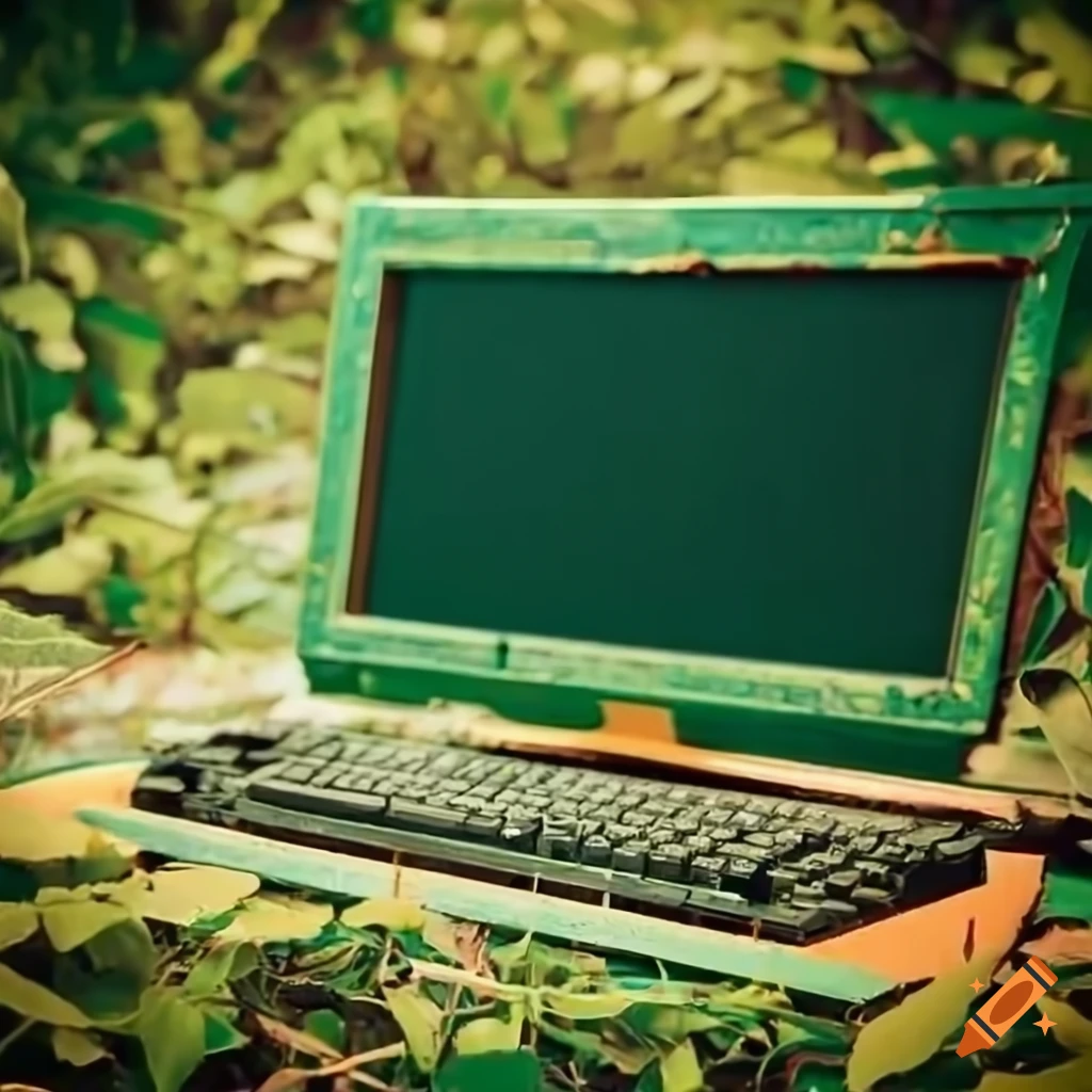 Vintage damaged computer screen with leaves and greenery on Craiyon