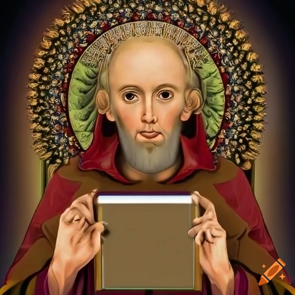 Serene depiction of a Catholic saint with a tablet of text on Craiyon