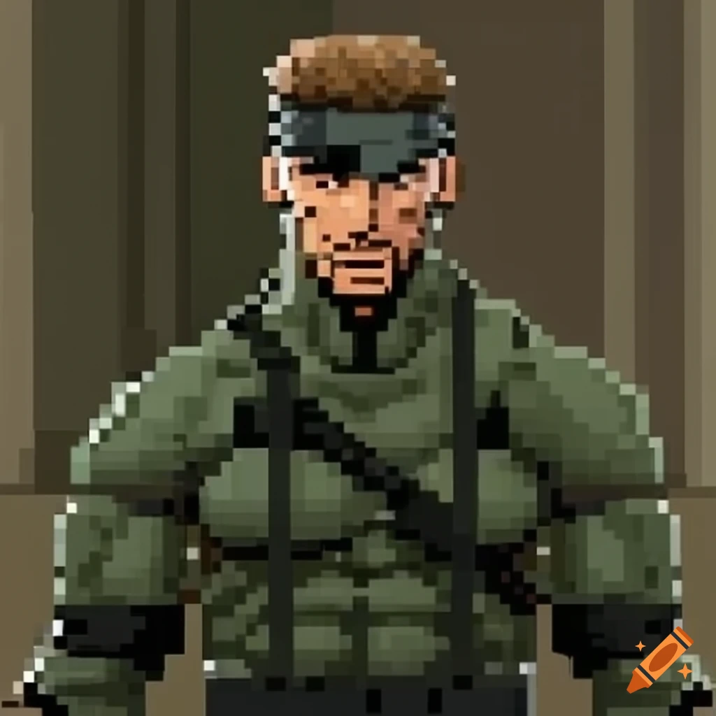Pixel art depiction of solid snake in a realistic front view on Craiyon