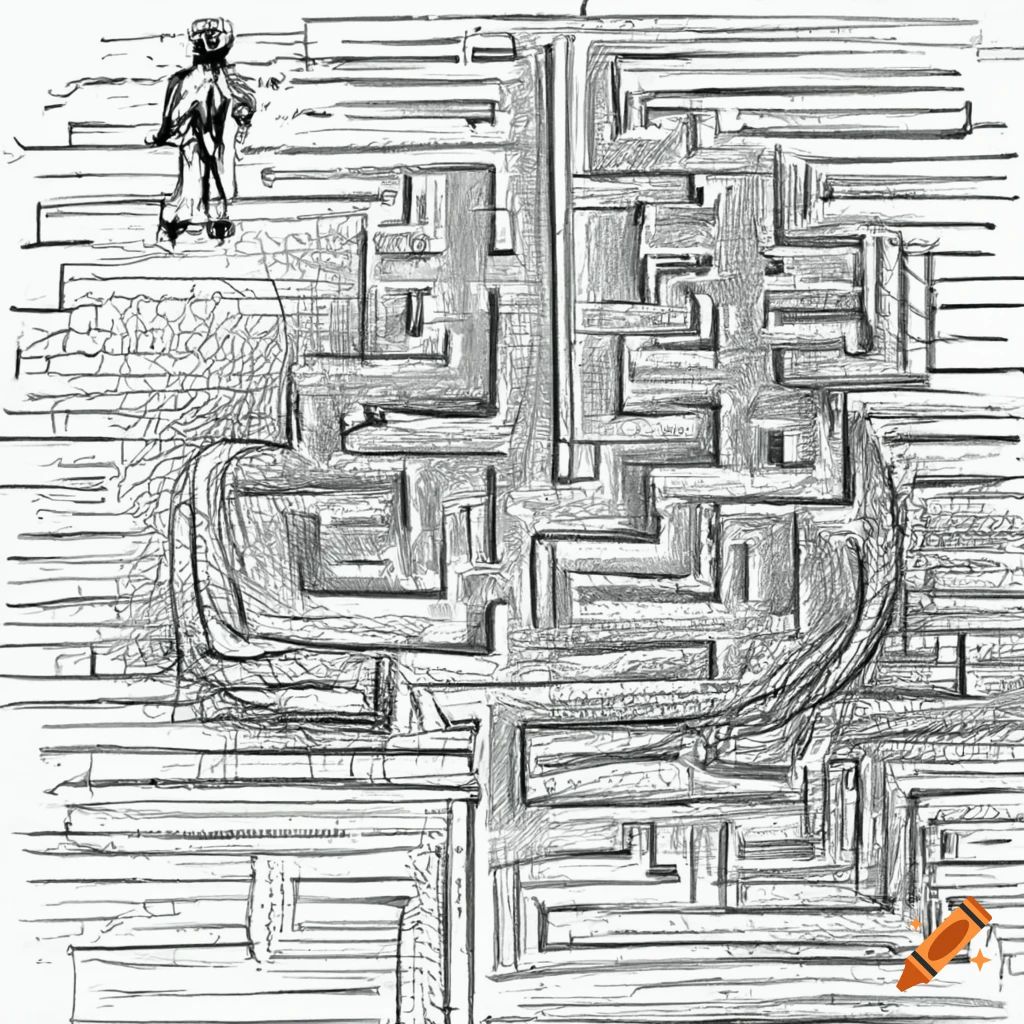 Man standing in front of a large labyrinth on Craiyon