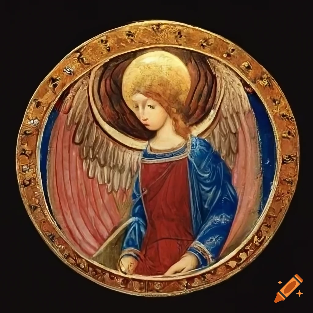 Medieval painting of winged angel flying towards the sun in the style ...
