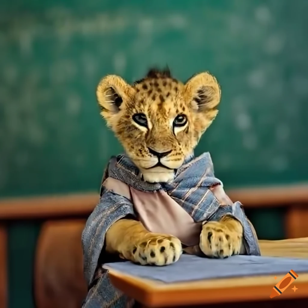 Anthropomorphic Simba in classroom with a despairing expression on Craiyon