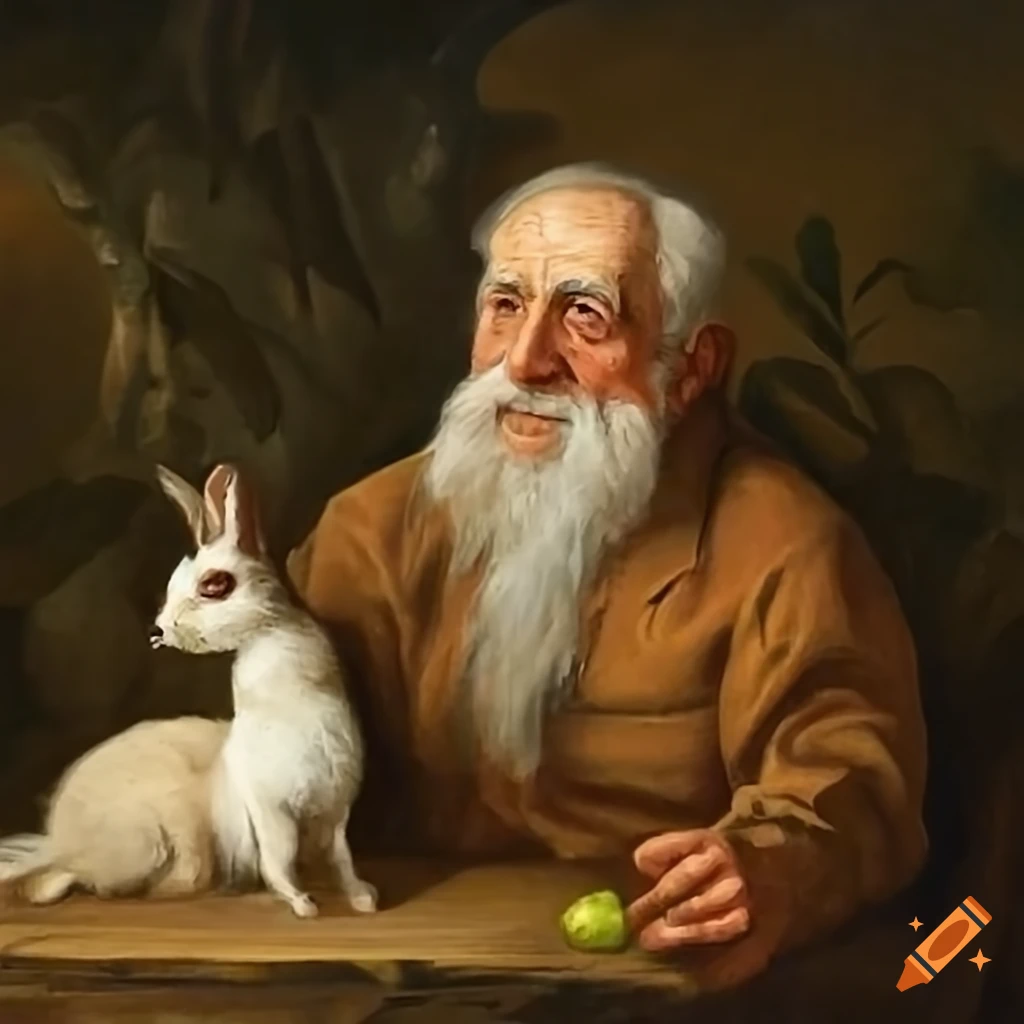 Elderly man with a rabbit and guava near a tall tree on Craiyon