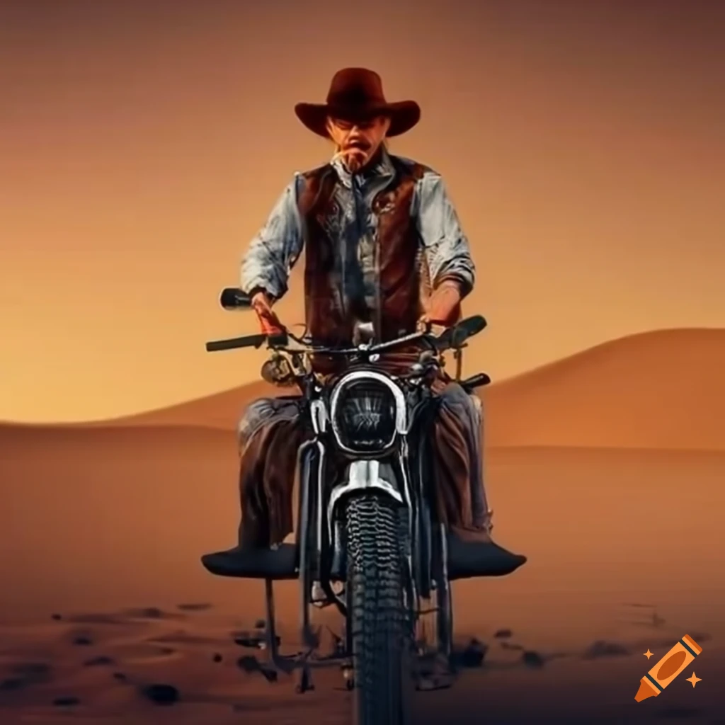 Cowboy riding a motorcycle in the desert on Craiyon