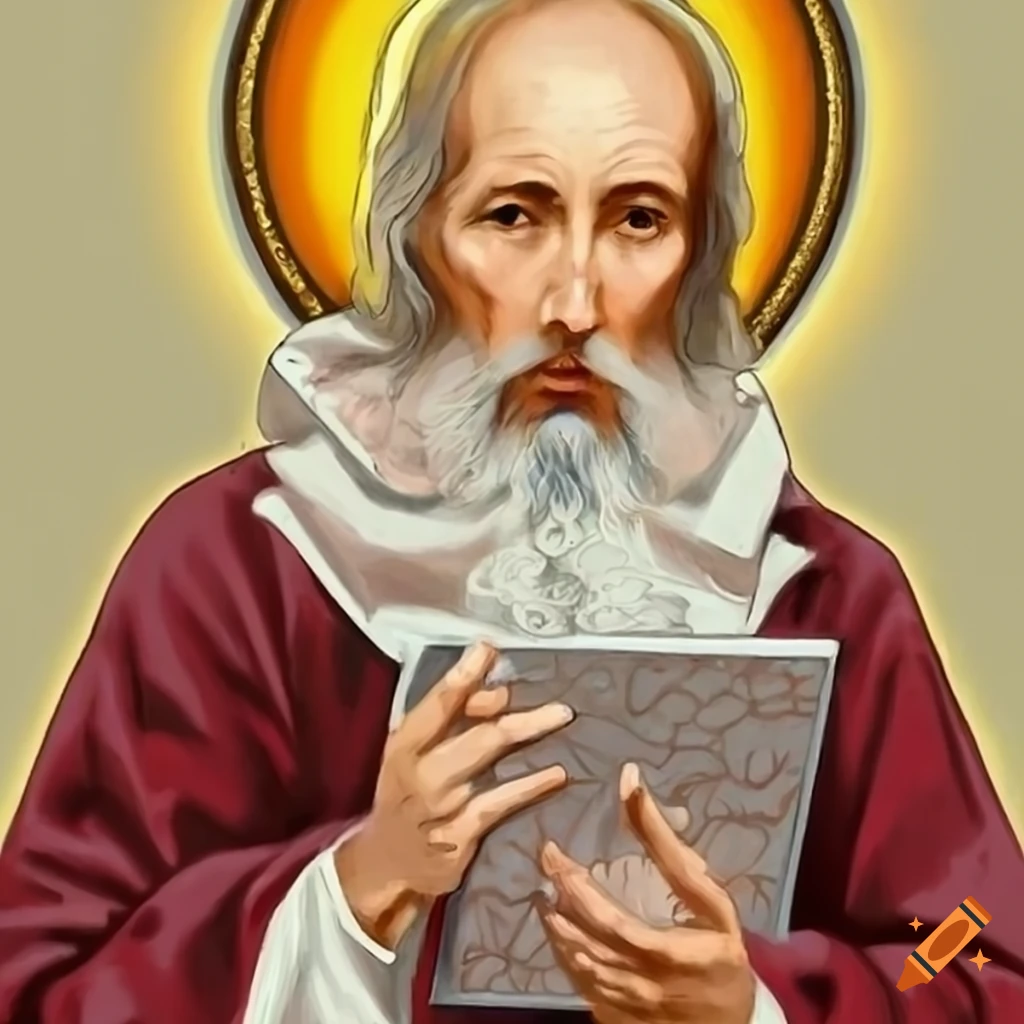 Serene depiction of a catholic saint with a tablet of text on Craiyon