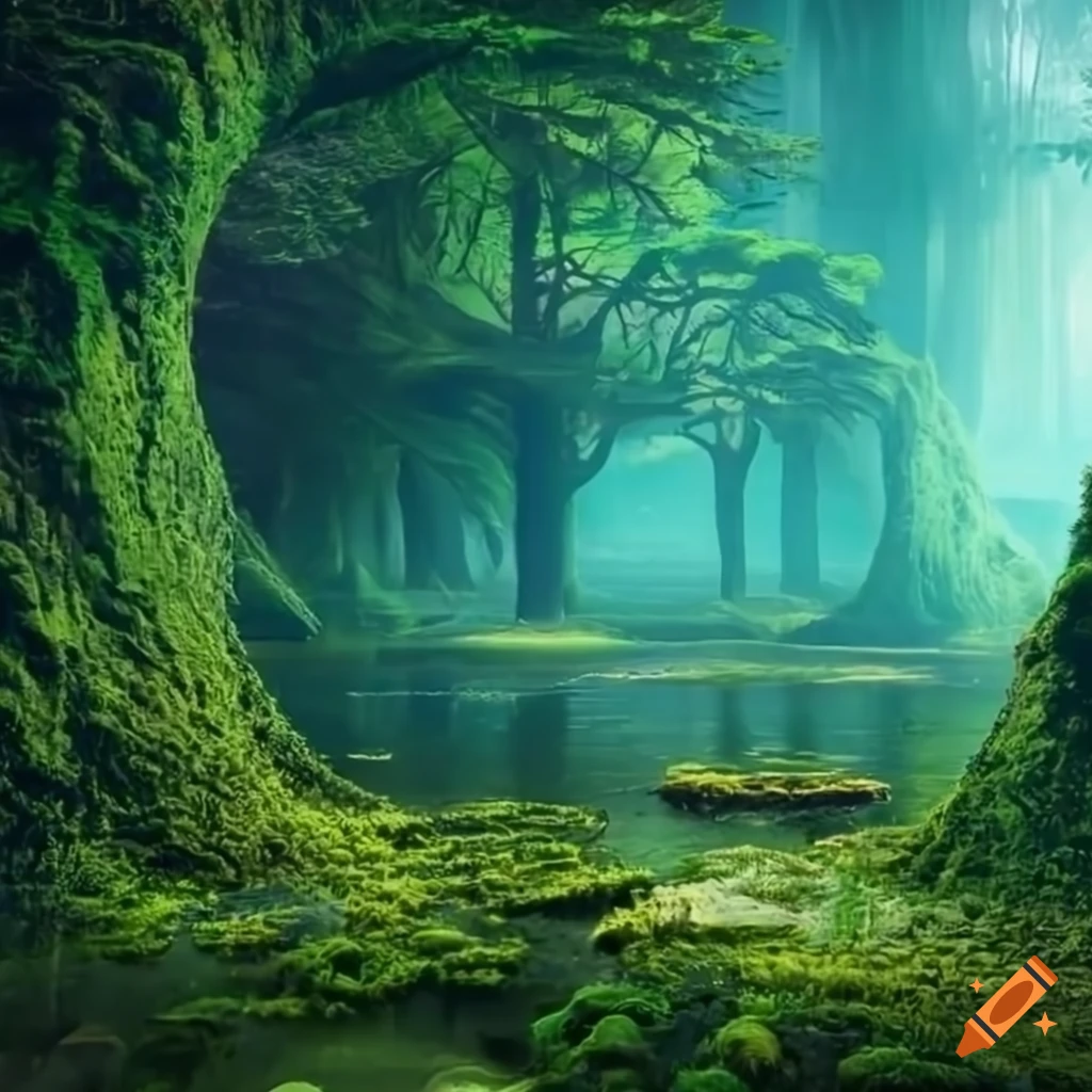 Surreal alien fantasy landscape with green forest and magical lake on ...