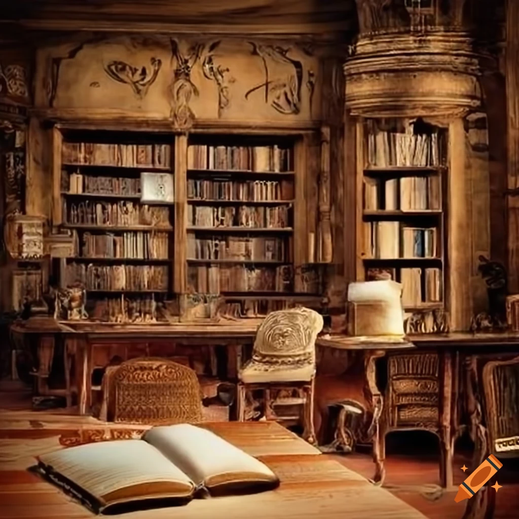 Imaginative ancient study room filled with books, scrolls, and ...