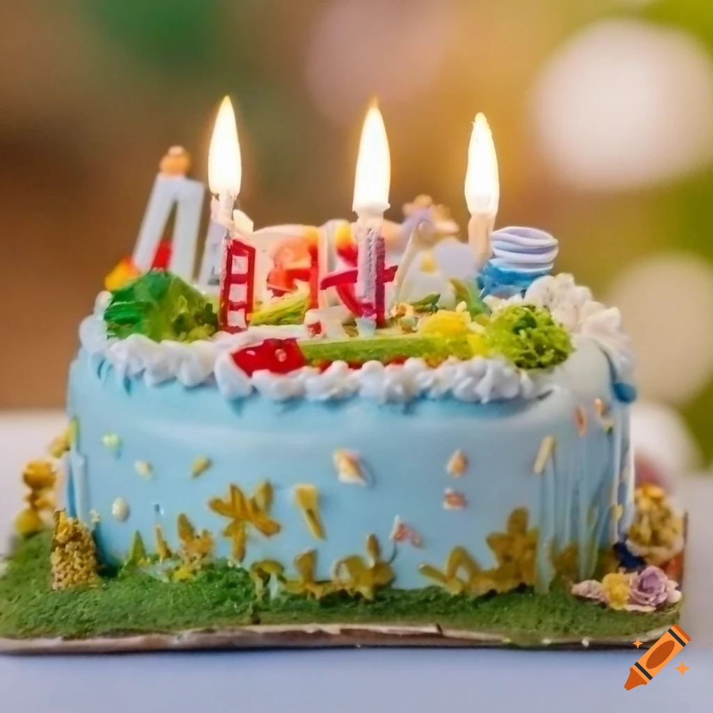 Miniature birthday cake on tiny table on Craiyon