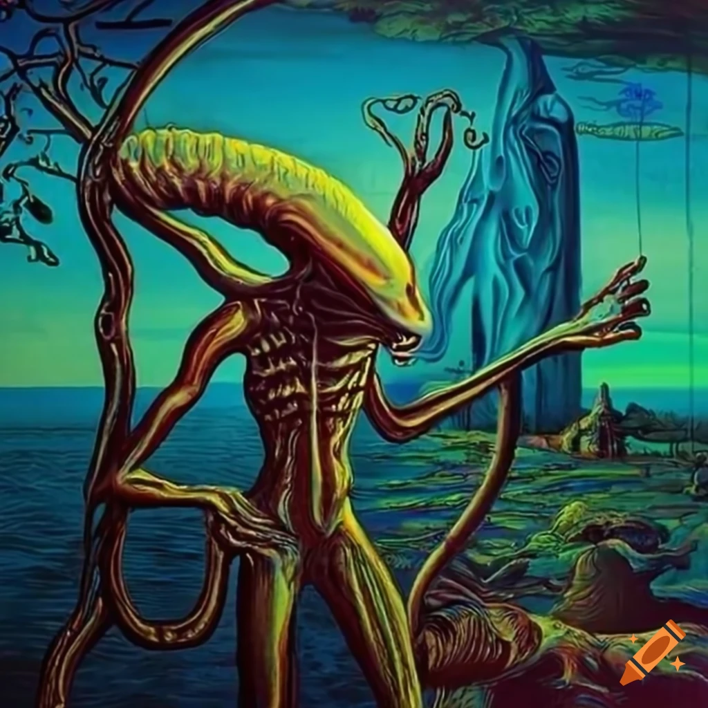 Psychedelic xenomorph creature in a Dali-style landscape on Craiyon