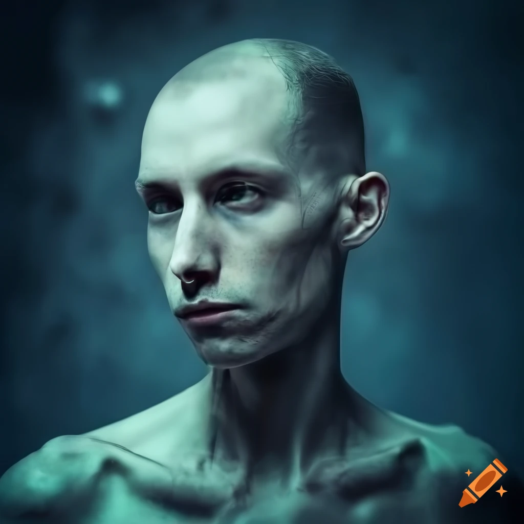 Cyborg standing in a decaying futuristic space station on Craiyon