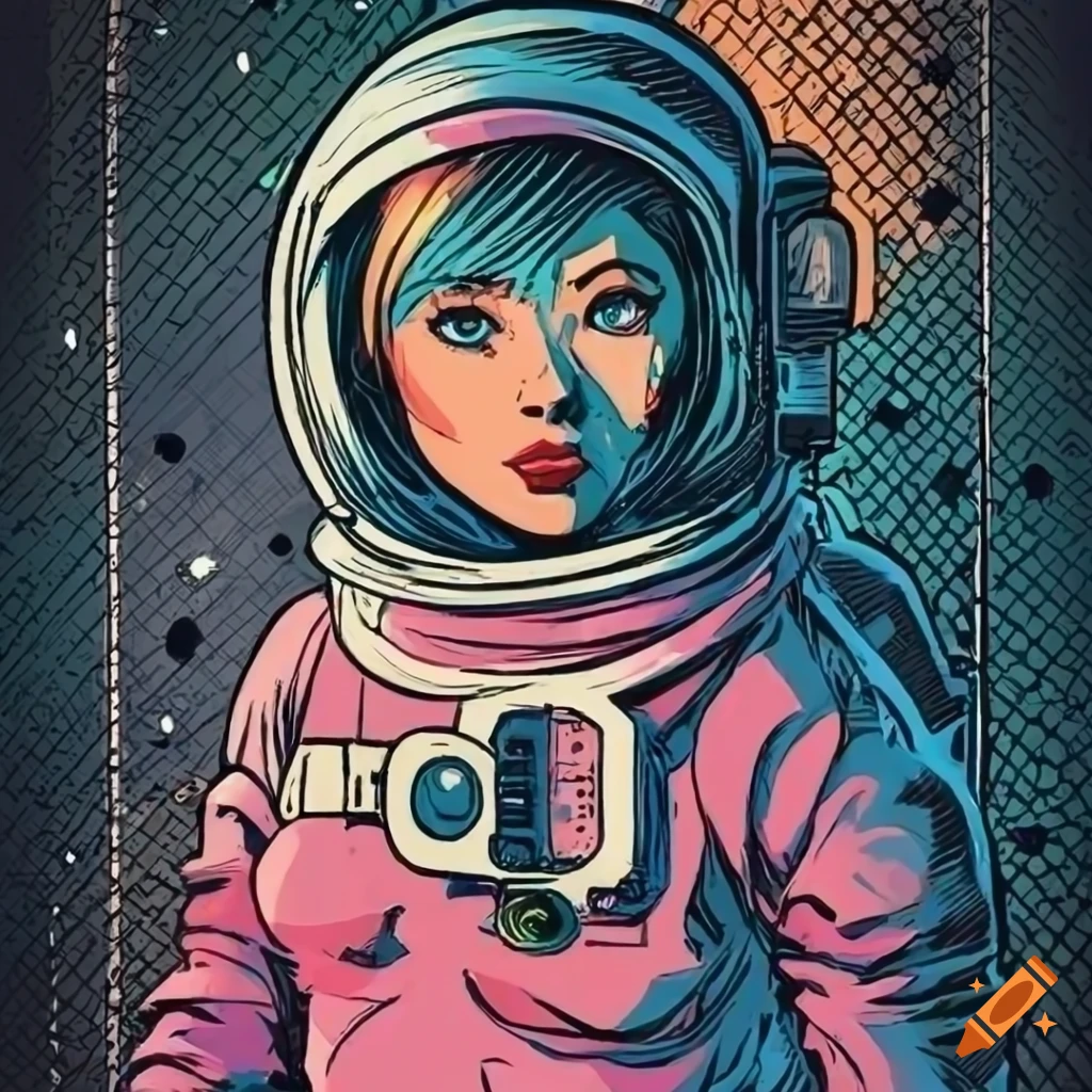 Classic comic book style illustration of a female astronaut on a ...