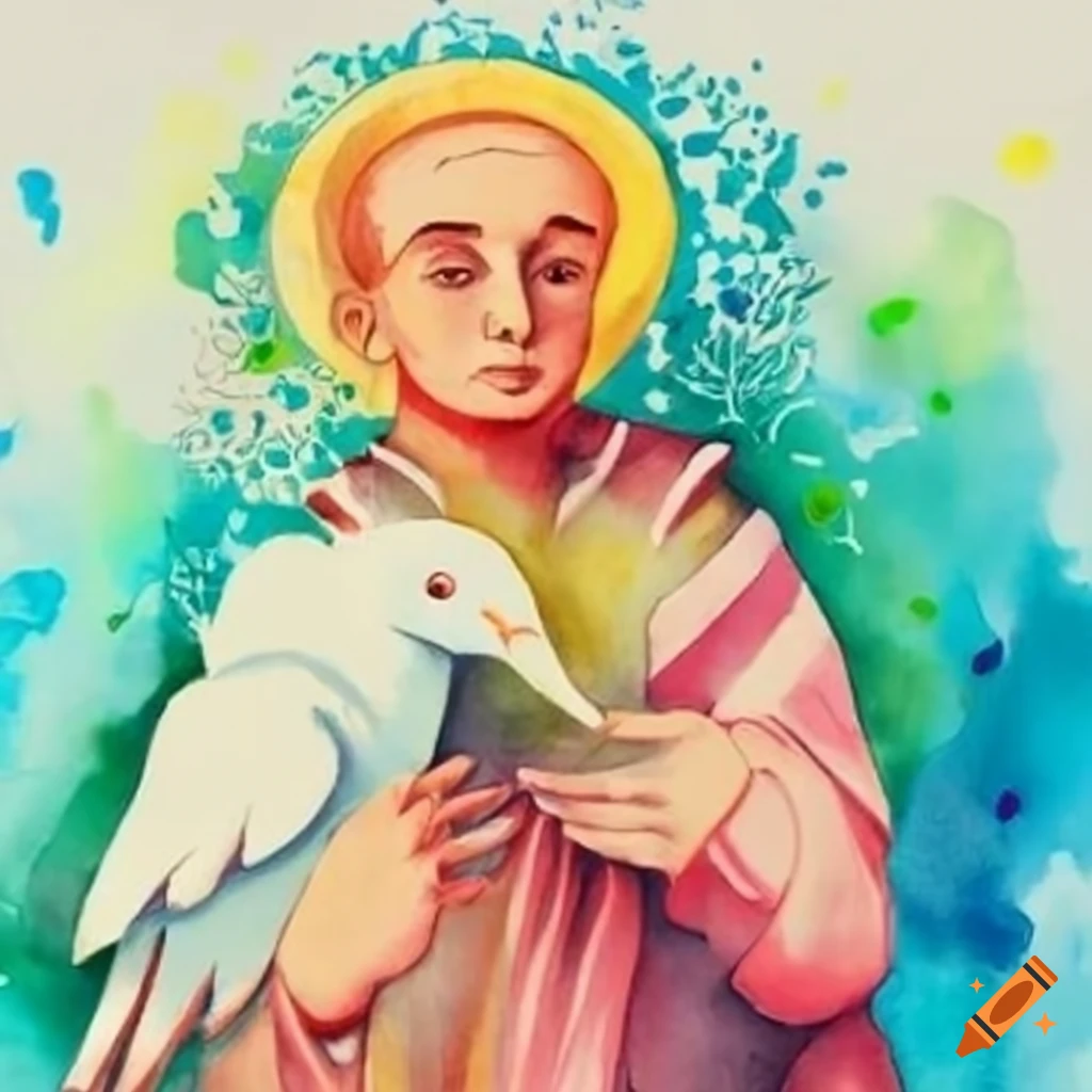 Serene image of a catholic saint with a white pigeon on Craiyon