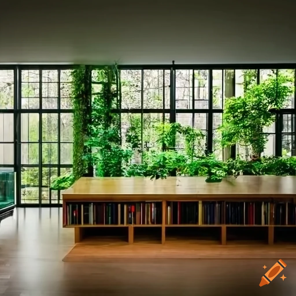Modernist contemporary library with large windows and lush green plants ...