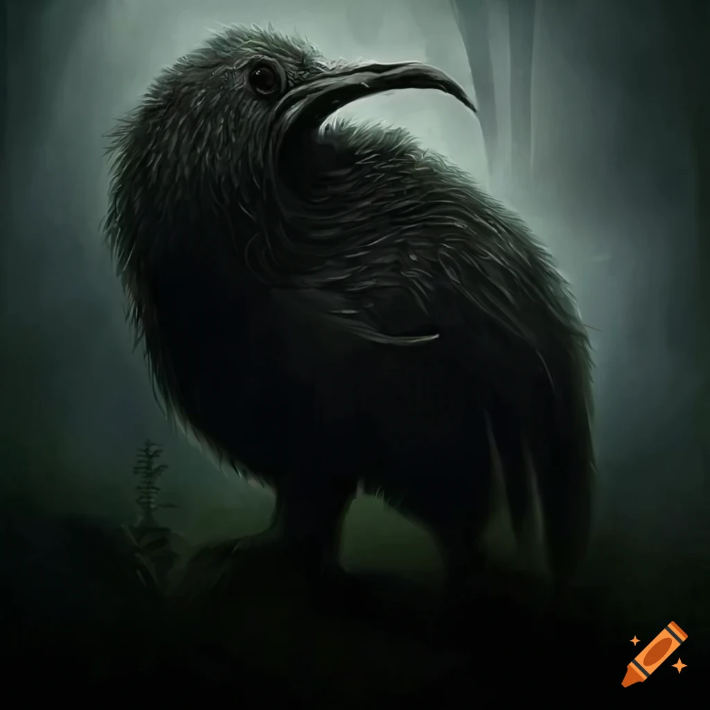 Creepy monster kiwi bird in a dark fantasy setting on Craiyon