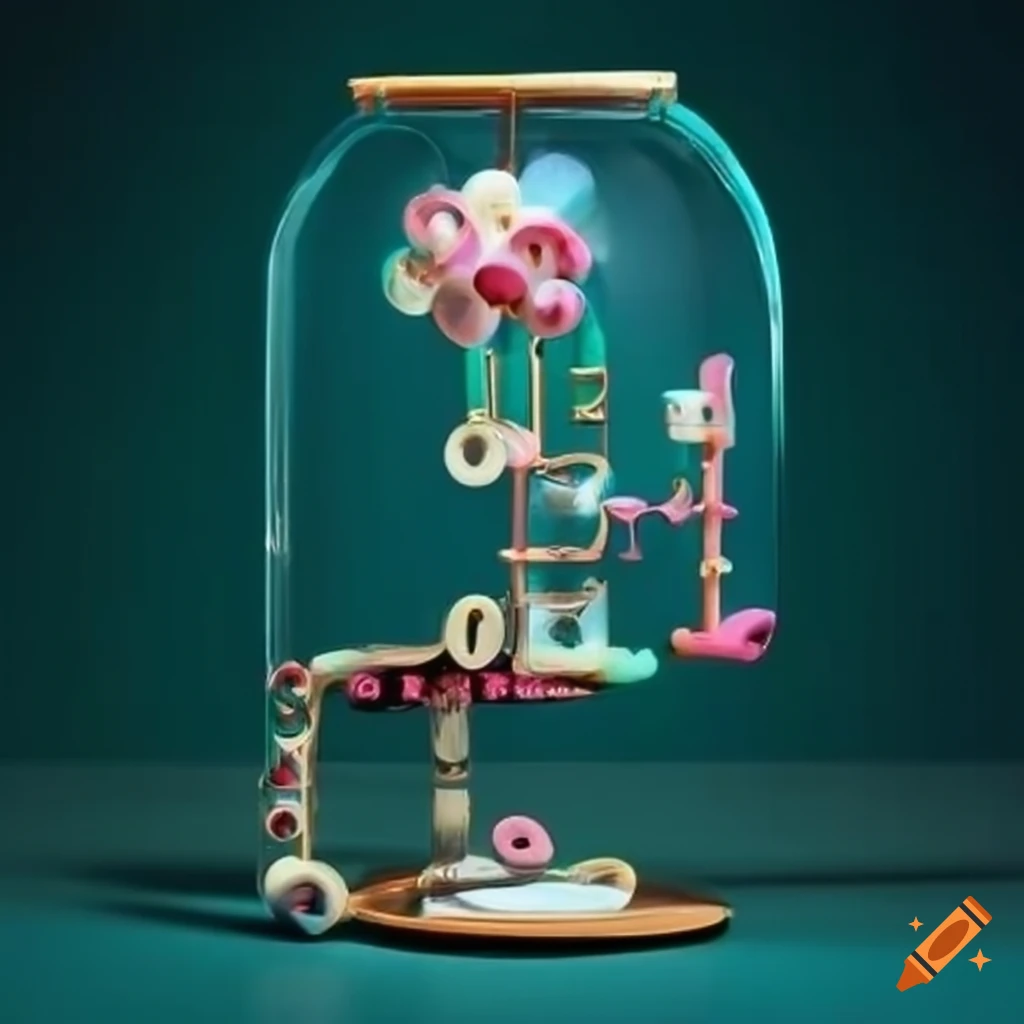 Surrealist puzzle machine system with glass, copper, plastic, and ...