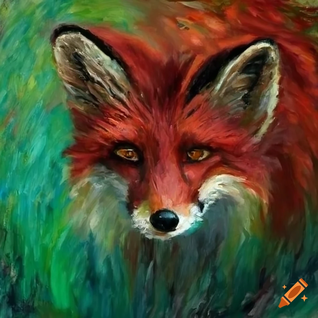 Monet painting of a green and burgundy fox on Craiyon