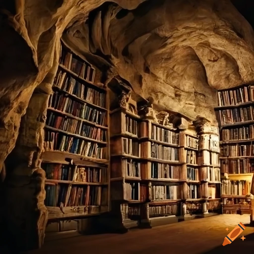 Ancient multilevel library bookshelves in a massive cave cavern on Craiyon
