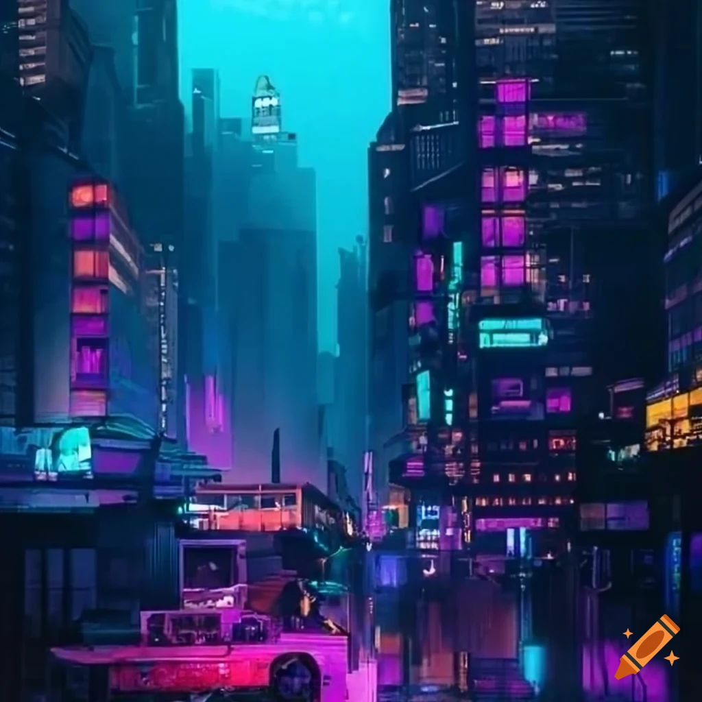 City lights in a cyberpunk blade runner-style night scene on Craiyon