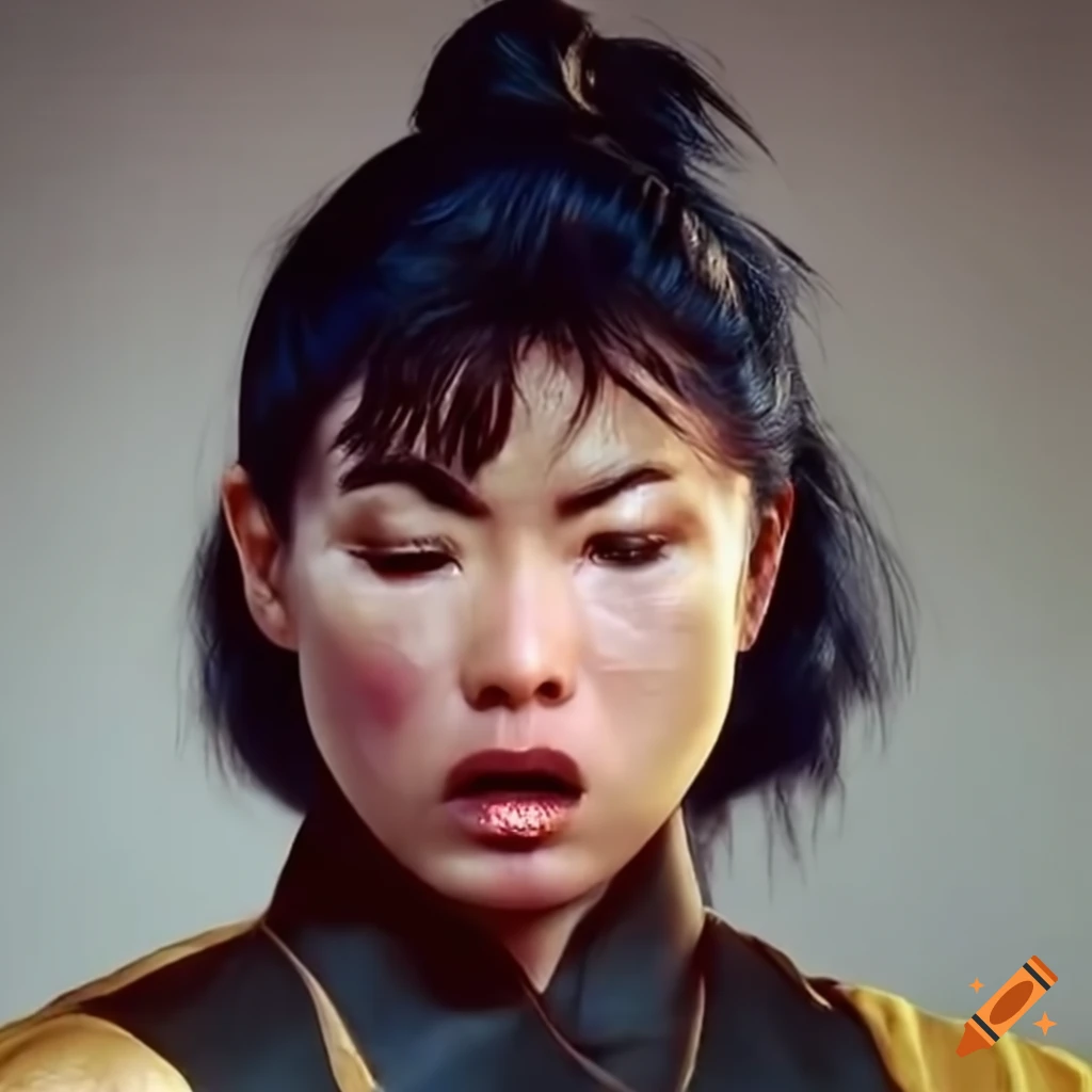 Asian kungfu woman fighter with dizzy expression on Craiyon