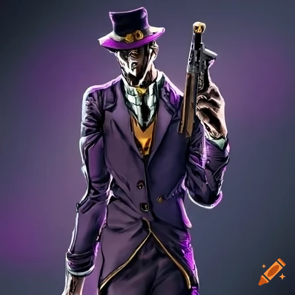 Jojo stand with a suit, old machine gun, and hat in mafia theme on Craiyon
